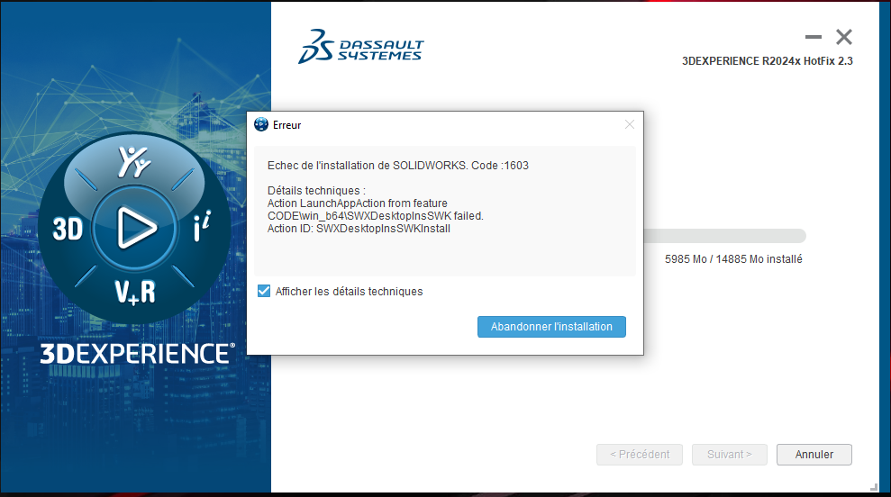 4. Erreur "Code : 1603" lors de la mise à jour de SOLIDWORKS